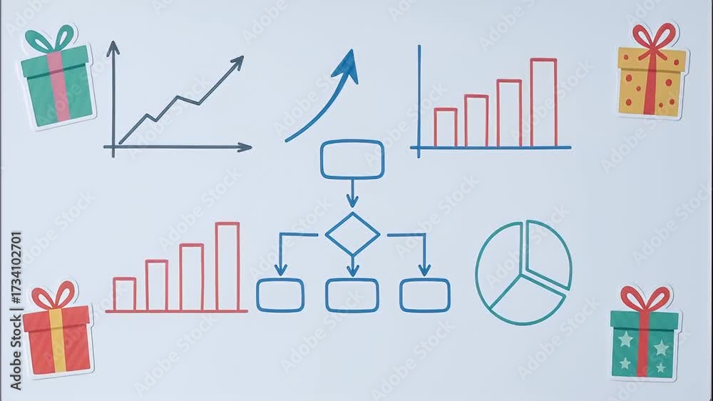 Whiteboard with business charts flowchart pie chart and gift icons ...
