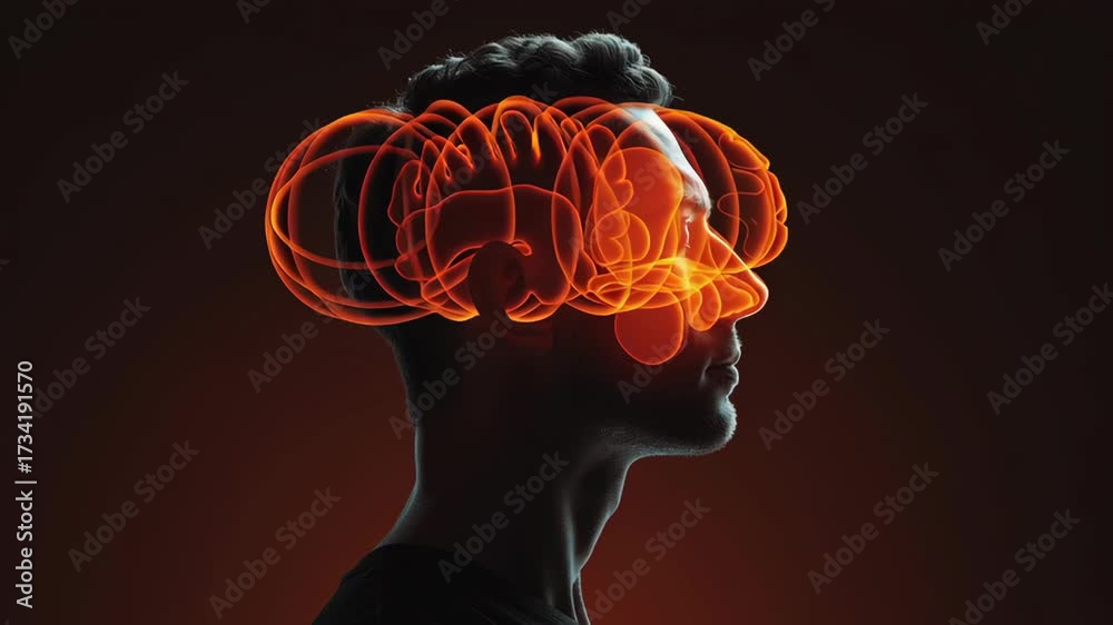 Sinusitis concept ,young man profile silhouette with glowing brain ...