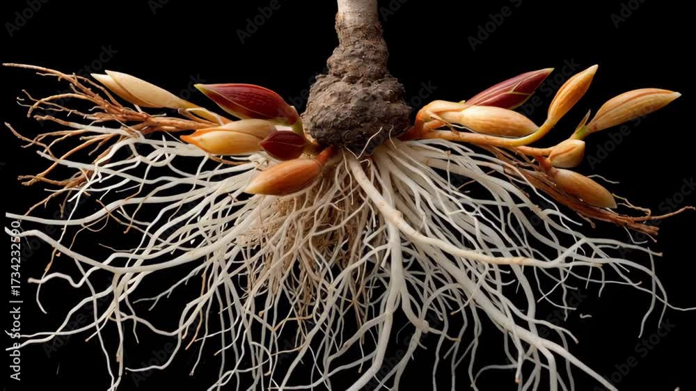 Root system concept ,Orchid bulb and tuber with white fibrous root ...