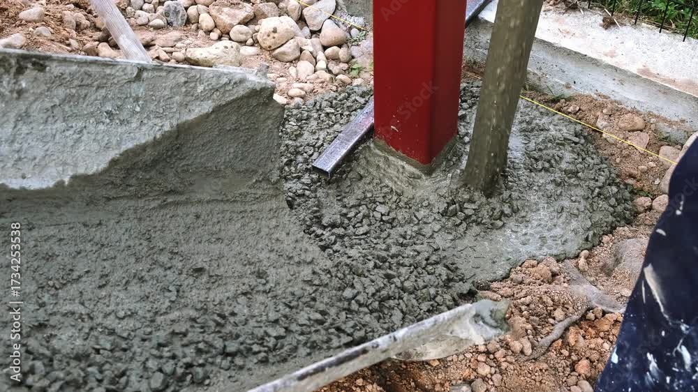 The worker is tamping a poured concrete. Compaction of the cement ...