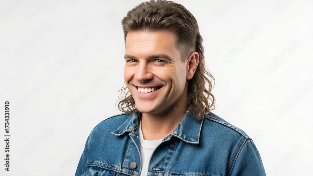 Man showcases mullet hairstyle with denim jacket against plain white ...