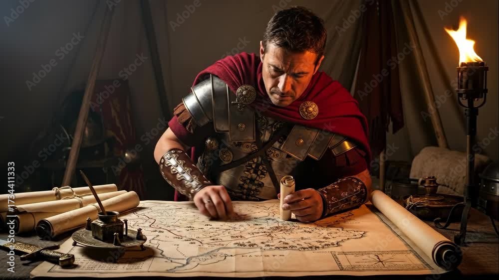 Roman centurion analyzing ancient map and planning strategy for battle ...