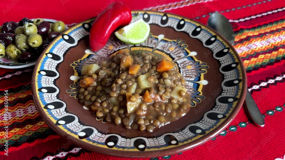 Vidéo Stock Traditional Balkan Lentil Stew with White Cheese, Bulgarian ...