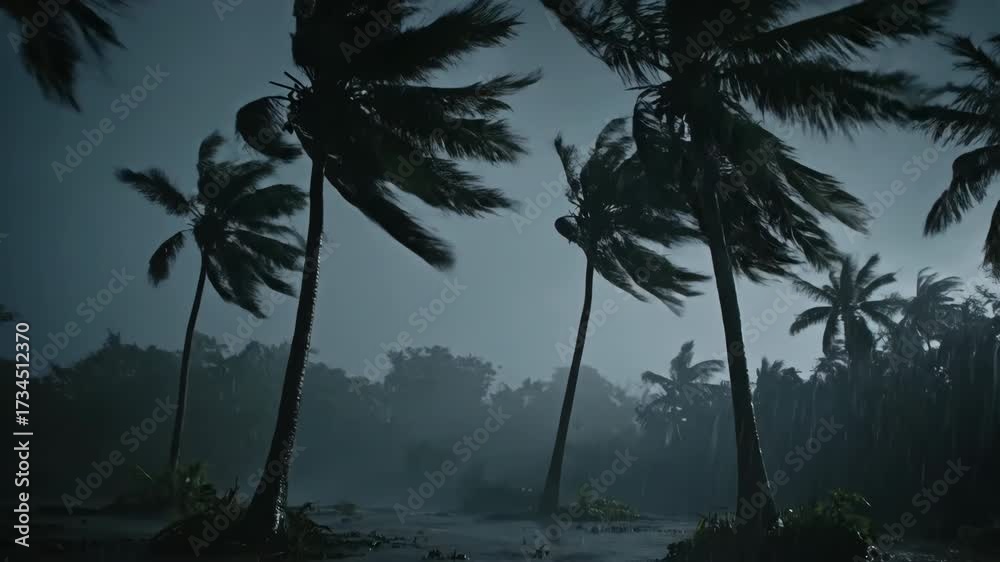 Tall palm trees bend and sway intensely in fierce, driving winds and ...