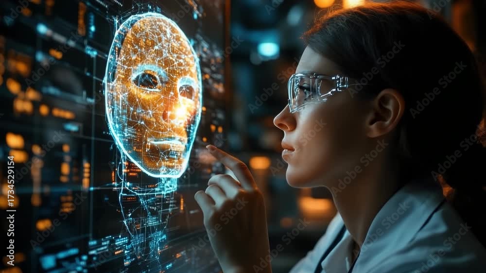 Young female scientist in a futuristic lab wearing smart glasses ...