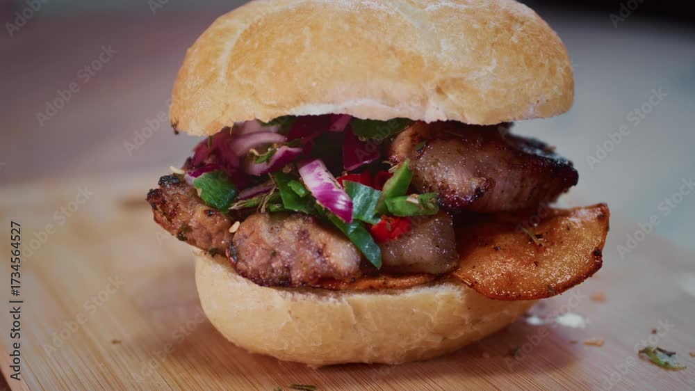 Peruvian sandwich Pan con Chicharron with crispy pork, sweet potato ...
