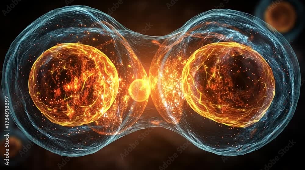 Cell division process showing two cells splitting with visible orange ...