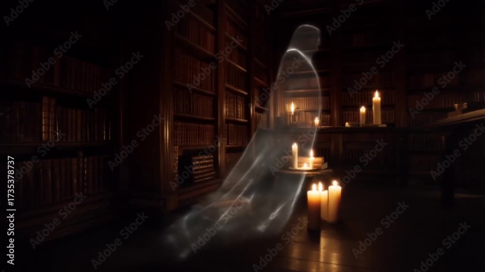 An eerie transparent ghost flying through an old gloomy library with ...