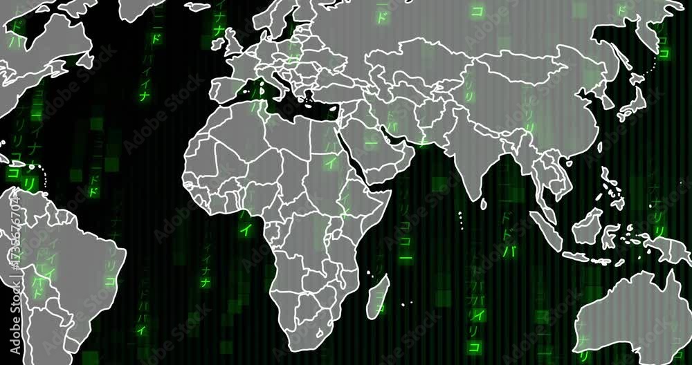 Grey map fading in showing data flow white borders drawing green code ...