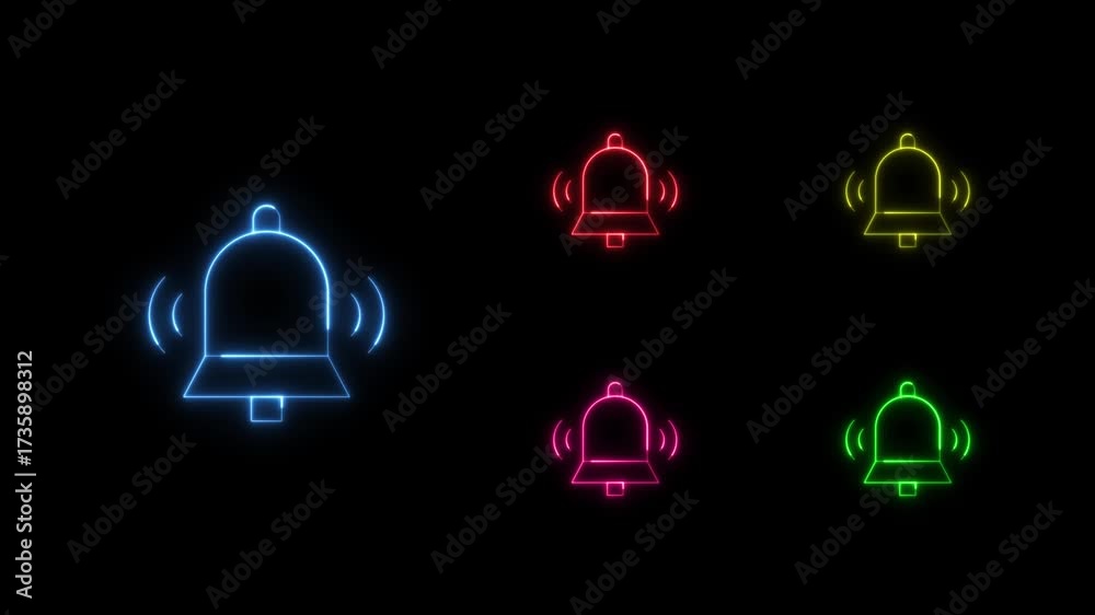 Multivariant set of glowing neon bell alert animations in diverse ...