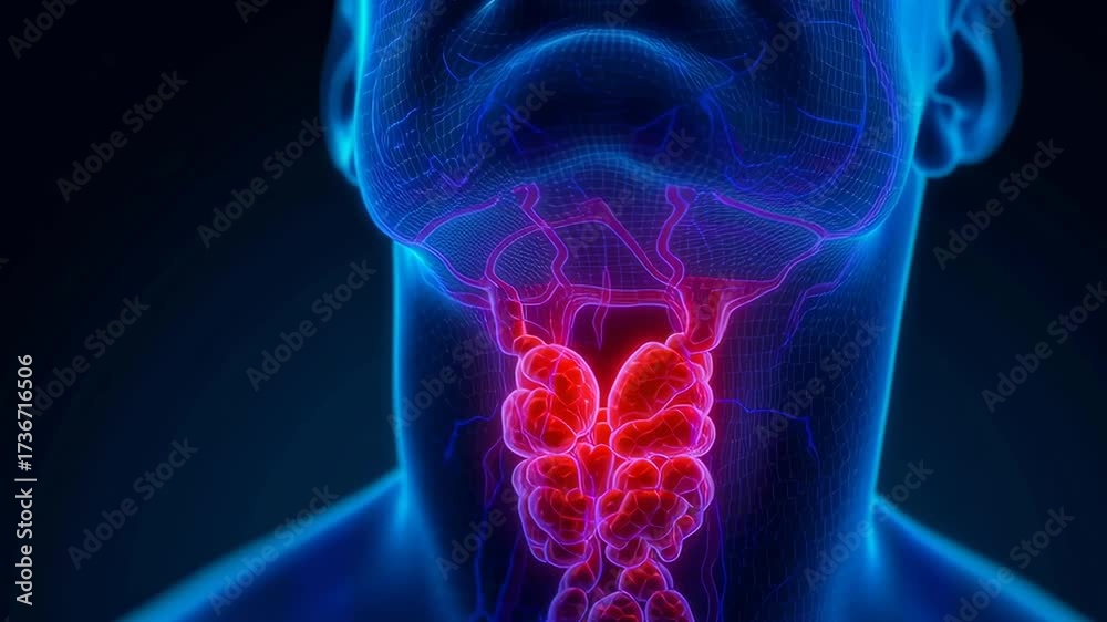 A blue and red neck with a lump on it. The neck is shown in a 3D image ...