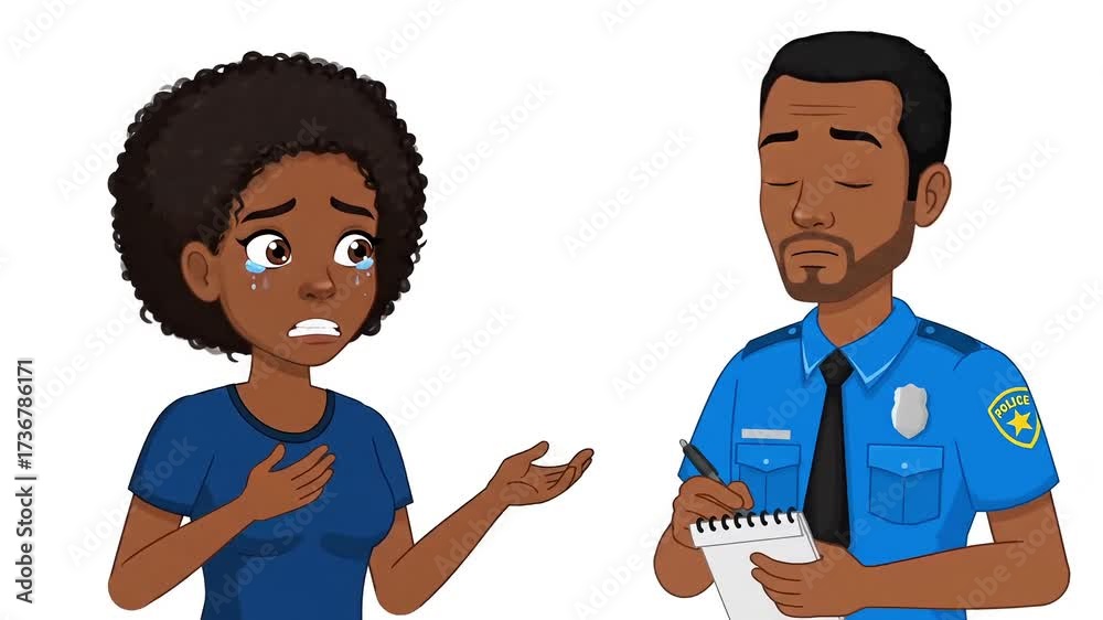 Animated scene of crying woman reporting crime to police officer ...