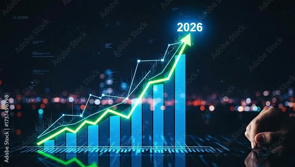 Futuristic digital graph showing upward trend video and year 2026 with ...