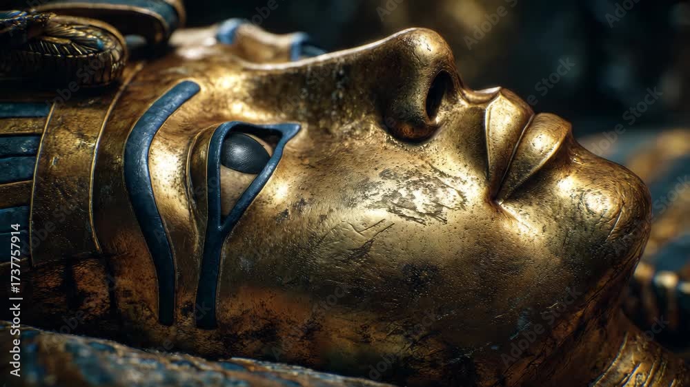 Ancient Egyptian pharaoh death mask closeup, detailed gold and blue ...