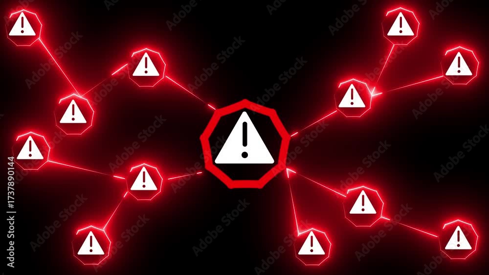 system update warning sign neon network diagram exclamation marks ...
