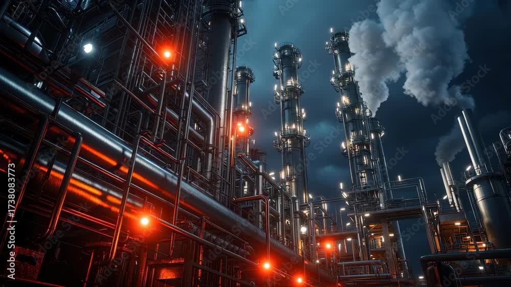 Massive industrial refinery under emergency lockdown, flashing red ...