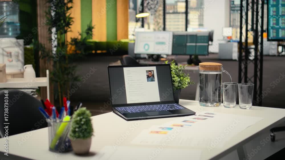 Empty startup space with a laptop running CV applicant before job ...