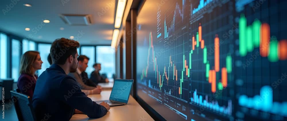 Risk management team conducting scenario analysis simulations on ...