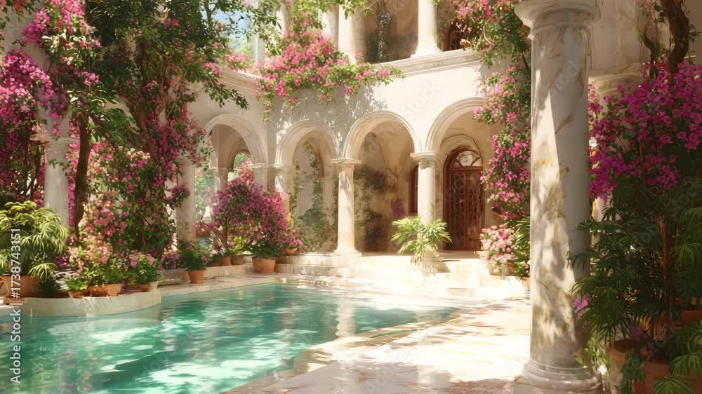 Lush courtyard with marble columns and tropical plants, inspired by the ...