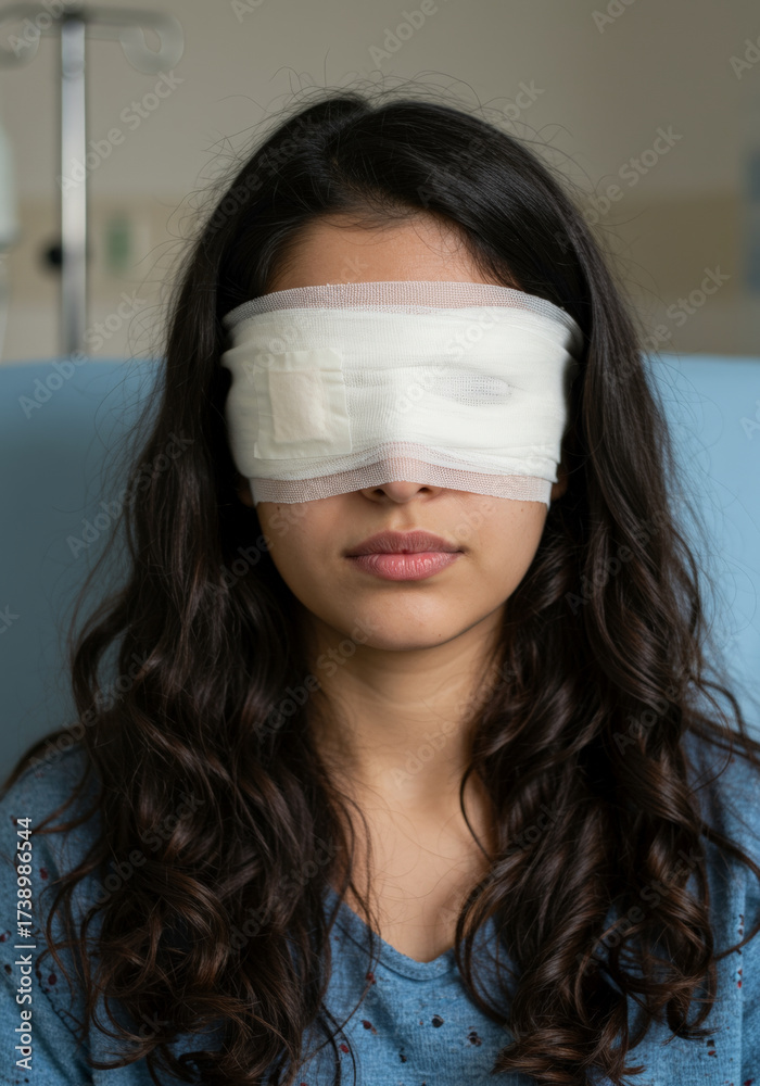 Young girl with bandaged eyes sits in medical setting, symbolizing ...
