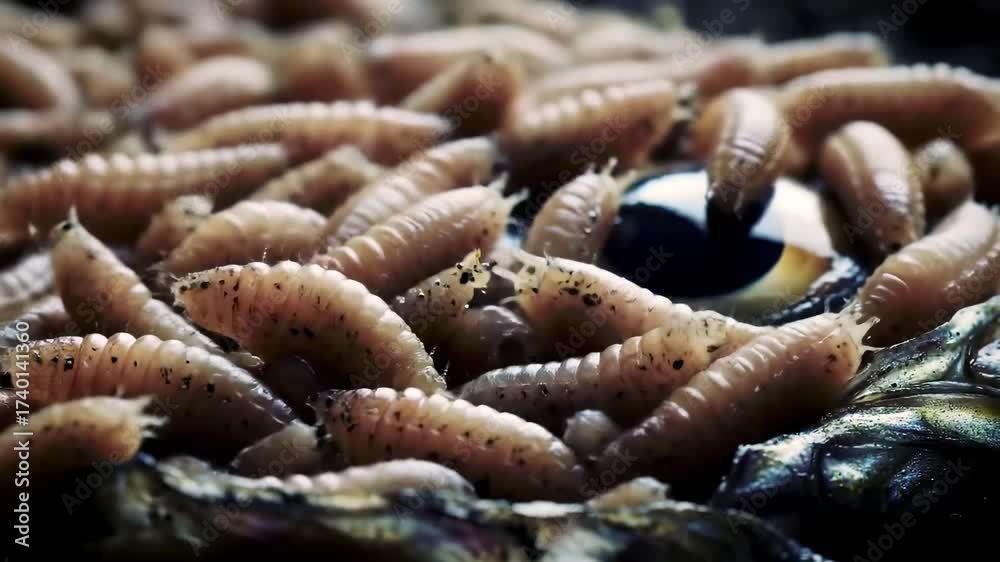 A single eye peeks out from a mass of wriggling maggots, creating a ...