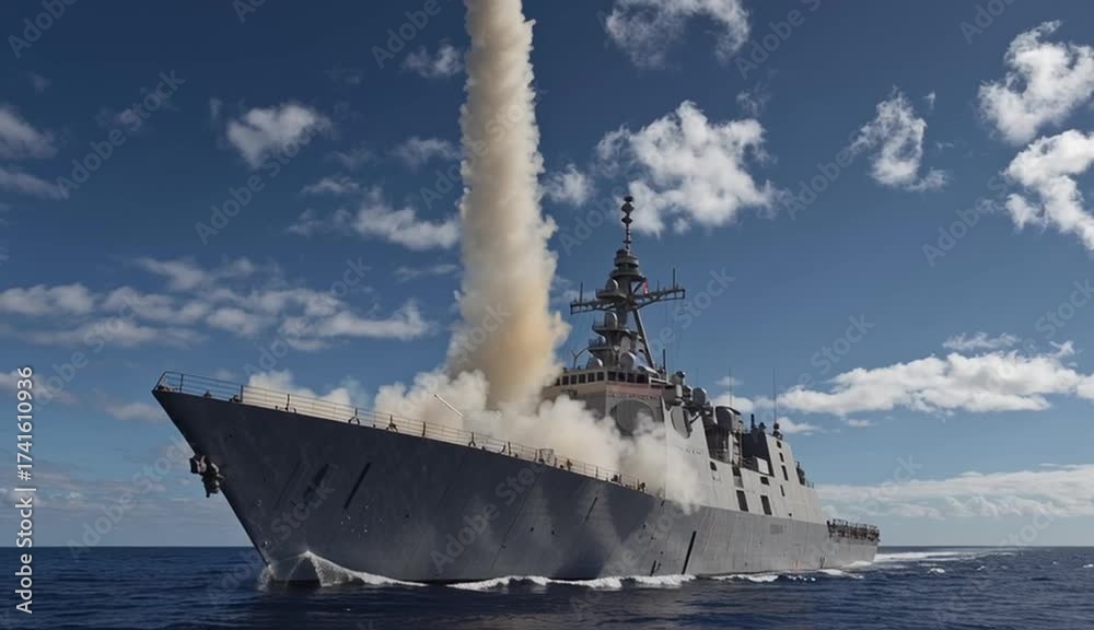 Gray naval frigate launching surface-to-air missile with bright orange ...