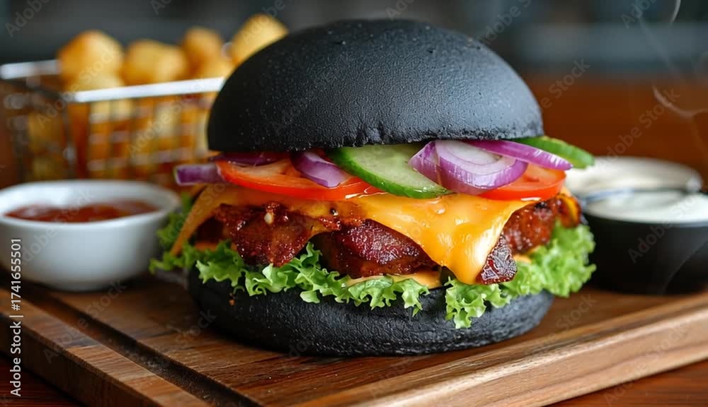 Blackened cheese and meat burger with charcoal-infused buns from a ...