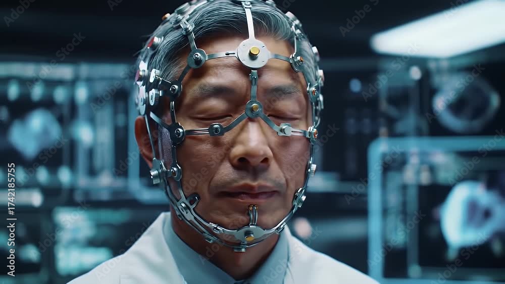 Asian Man with Eyes Closed Wearing Brain Scanning Device in Dark Room ...