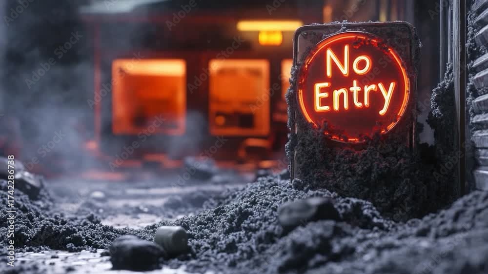 A barrier preventing access to a building with a clear no entry sign ...