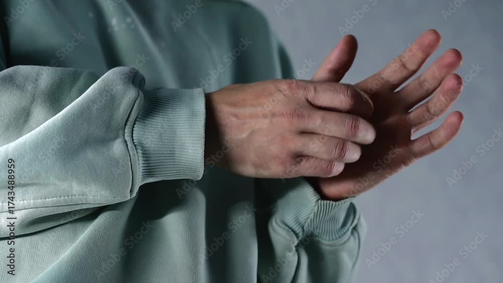 A man scratches his palm. An itchy palm could be due to an allergy or ...