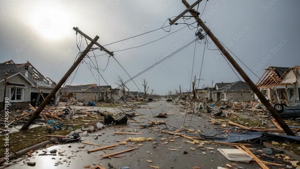 Street view of the devastating aftermath of a tornado. Destroyed homes ...