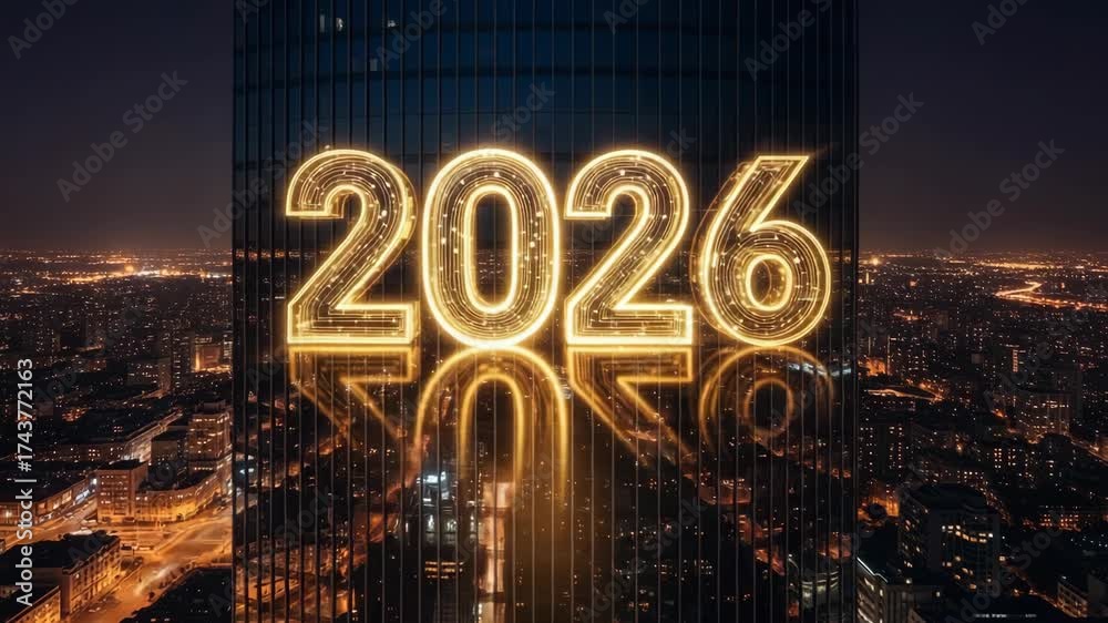 Glowing numbers 2026, reflecting on glass building at night, represent ...