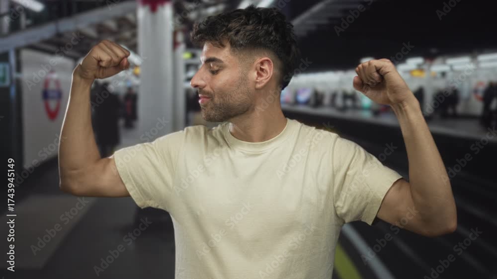 Young hispanic man flexes biceps in a building train station platform ...
