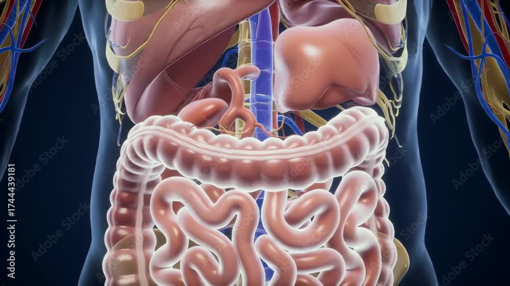 Detailed 3D animation of the human digestive system showing the ...