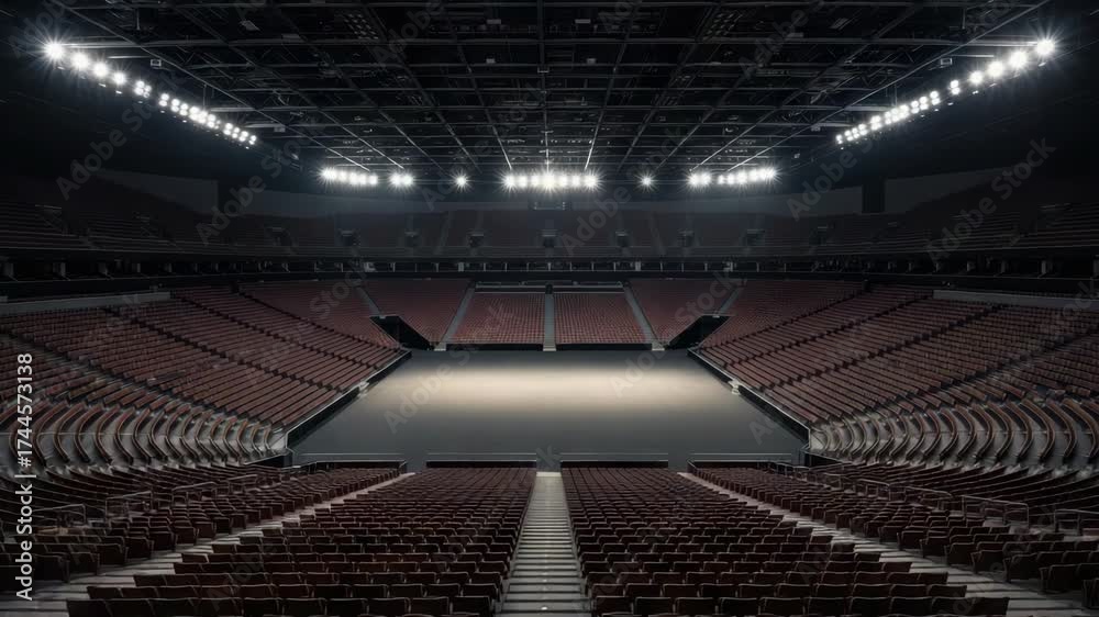vast empty indoor arena displays multiple tiers of reddish-brown ...