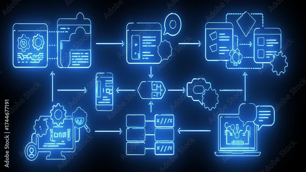 Blue Neon Workflow Diagram Showing Supply Chain Management and ...