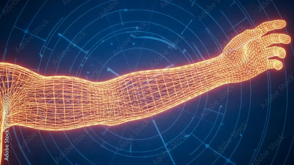 3d wireframe model of a human arm with digital grid and blue background ...