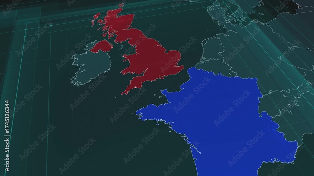 Zoom in to the map of English Channel between UK and France with text ...
