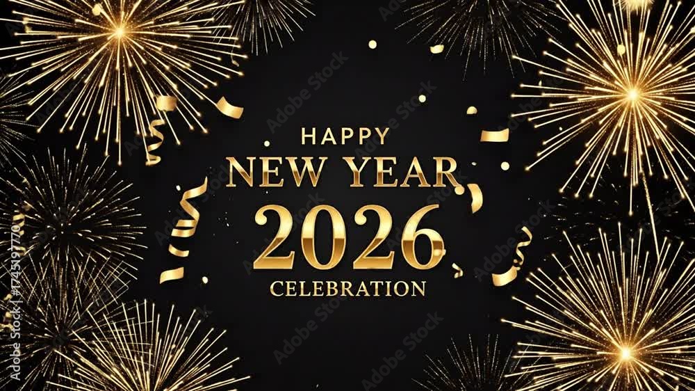 Vibrant New Year 2026 Celebration with Golden Fireworks, Confetti, and ...