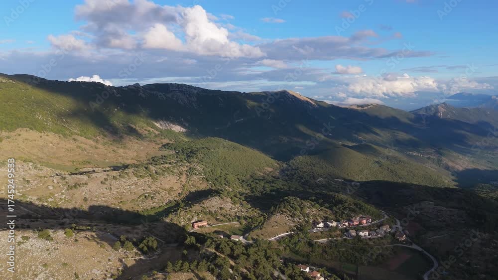 Drone aerial view of Castel del Monte, Abruzzo, a medieval hilltop ...