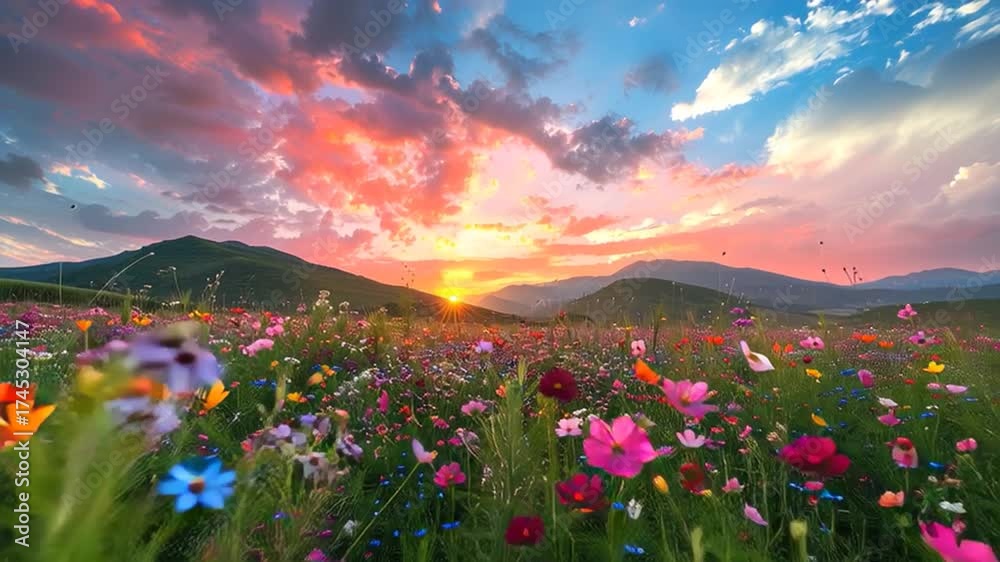 A vast field of flowers stretches as far as the eye can see, bursting ...