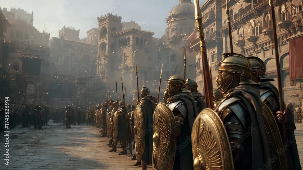 Roman soldiers in formation with spears and shields stand in ancient ...