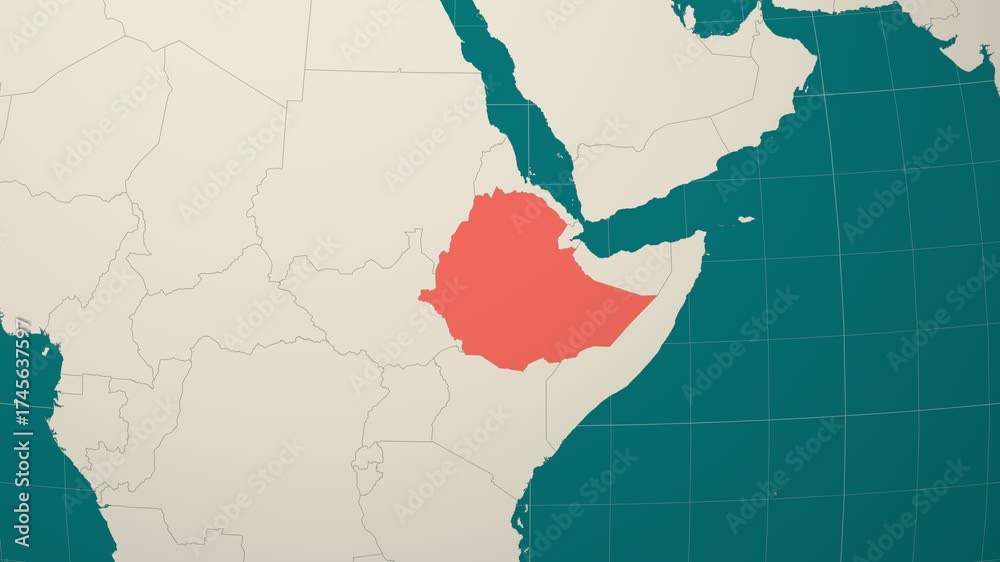 Ethiopia map. Animated zoom into the country on the Globe in Teal Pale ...