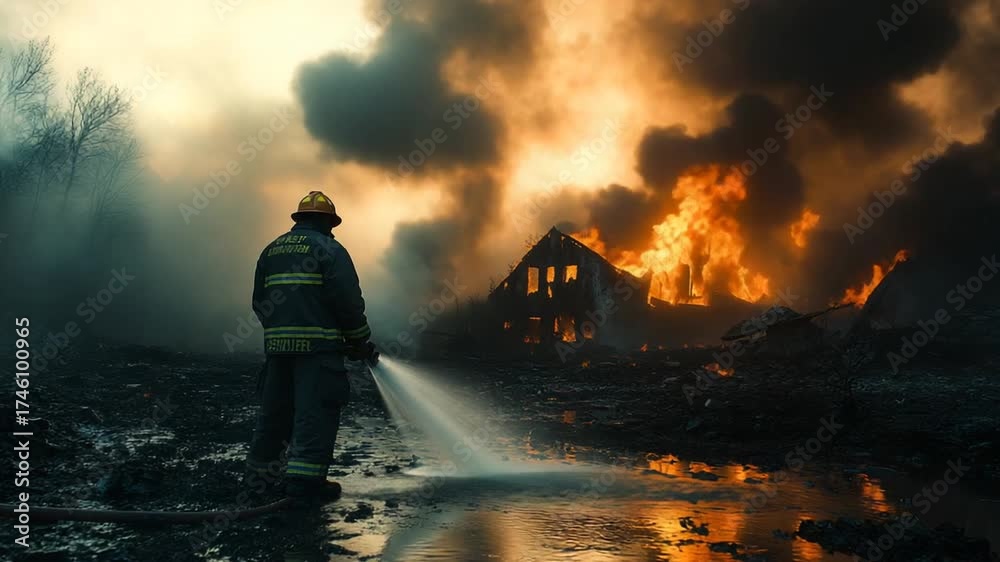 Firefighter battling a massive house fire at night, with flames and ...