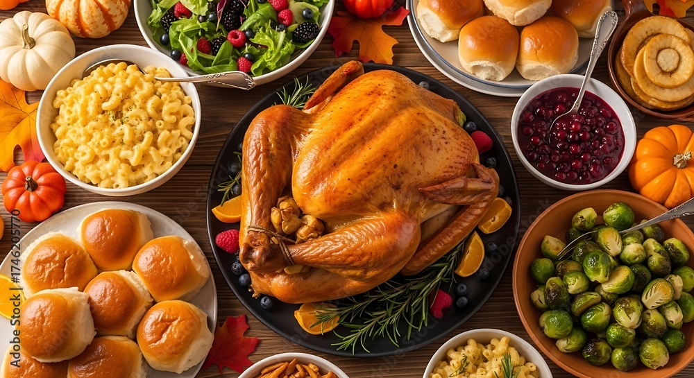 A bountiful overhead view of a traditional thanksgiving dinner spread ...