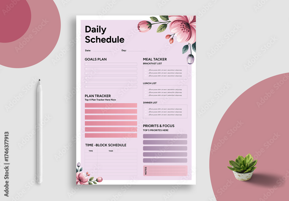 Floral Daily Schedule Planner Template Layout Stock Template | Adobe Stock