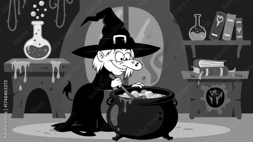 Cartoon Witch Brewing Potion - A black and white cartoon illustration ...