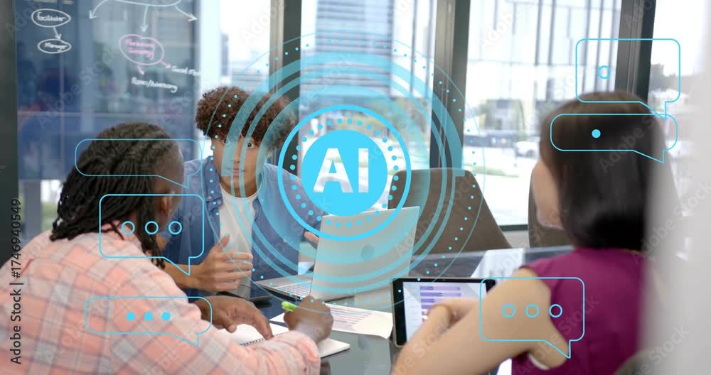 Three colleagues outlining AI workflow starting overlays showing on ...