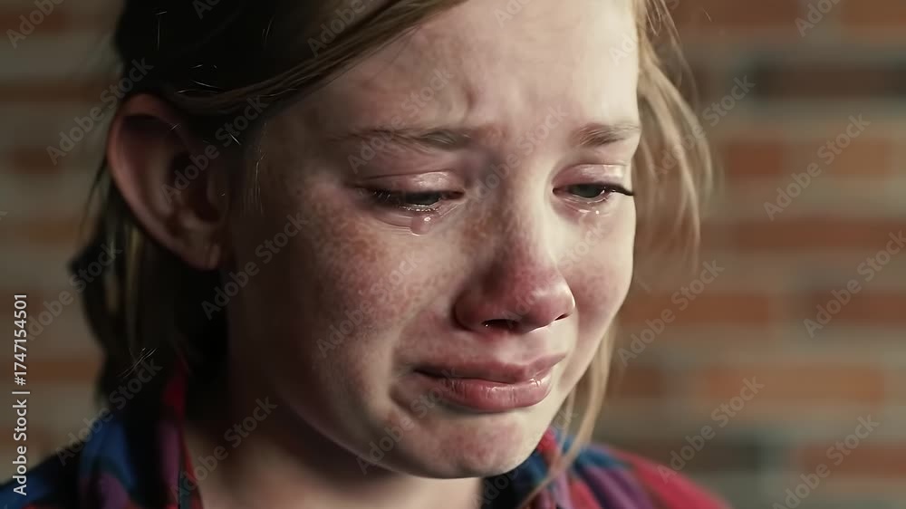 Young Girl Crying with Tears Streaming Down Her Face in a Dark Room ...