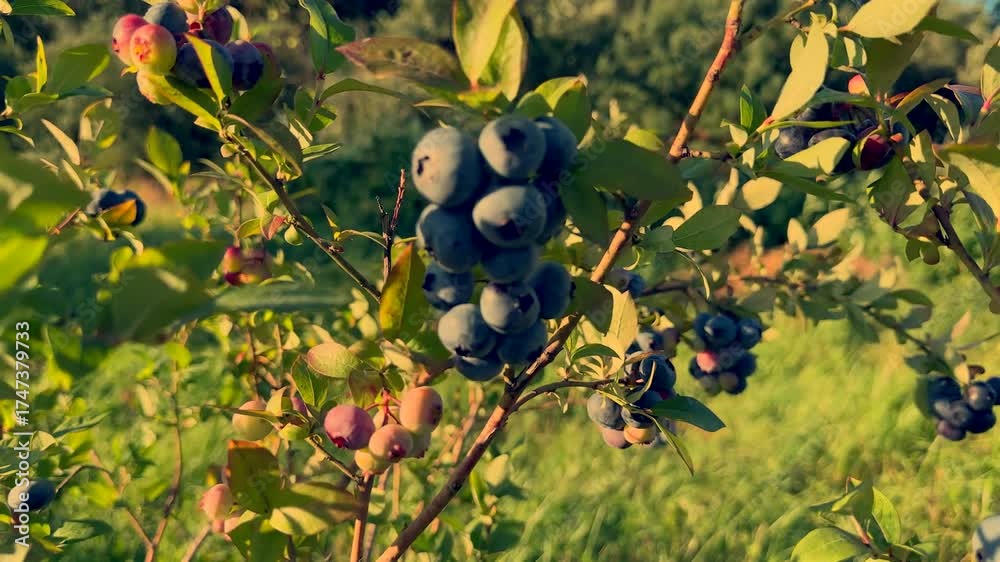 Blueberry bush on bright sunny background. Blueberries ripening on farm ...